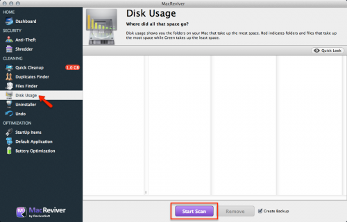 How do I use Disk Usage to find the folders and files that take up the most space in MacReviver?